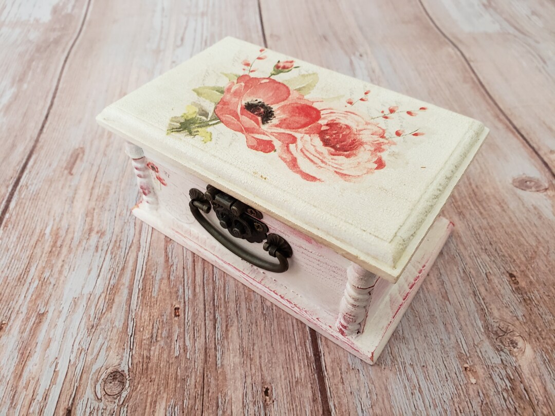 Red Flower Box, Wooden Box, Jewelry Box, Handmade Box, Gift for Her ...