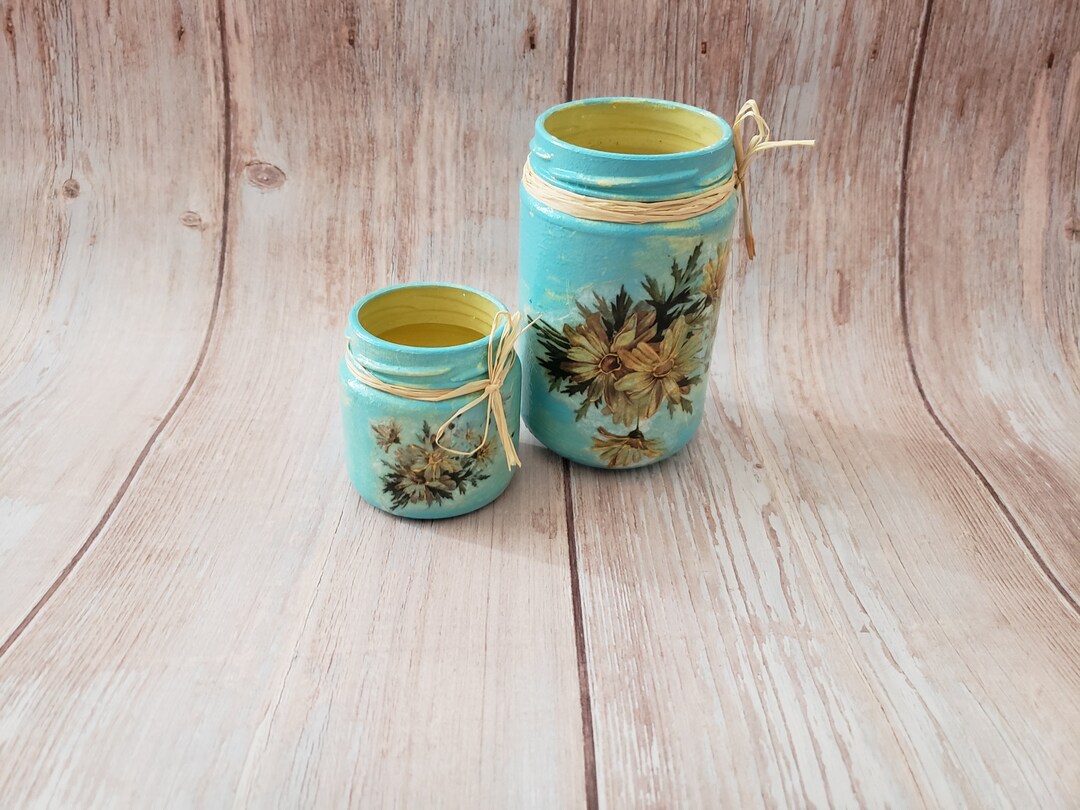 Floral Bathroom Jar Set: Turquoise & Yellow Rustic Decor - Etsy