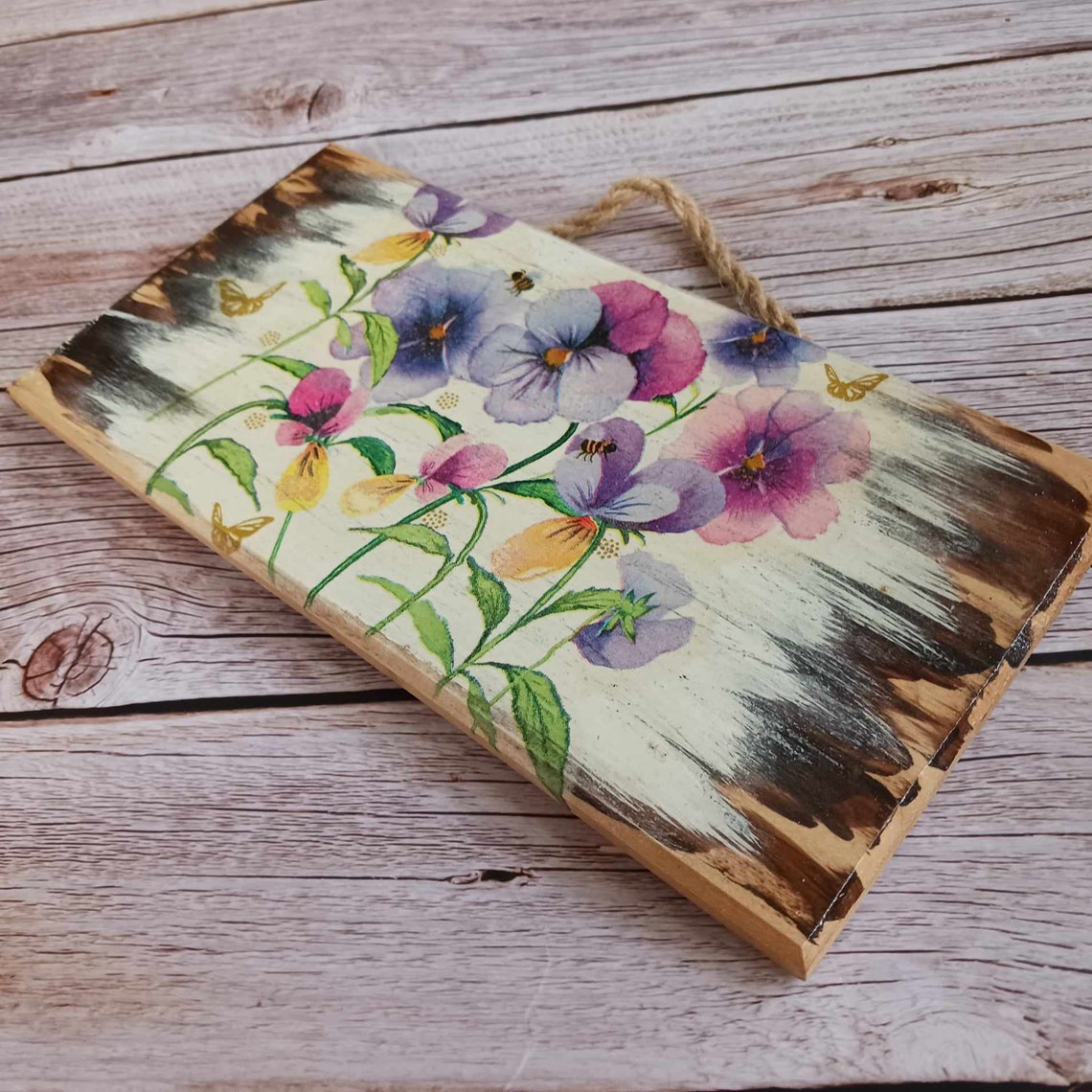 Rustic Pansy Wood Sign, Handcrafted Floral Decoupage Plaque - Etsy
