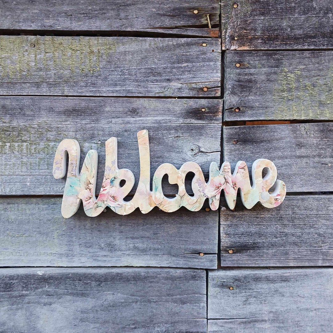 Floral Decoupage Welcome Sign: Shabby Chic Wood Entryway Decor - Etsy