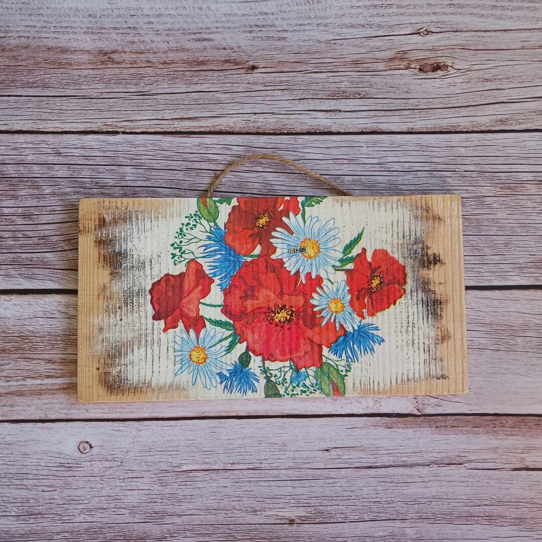 Decoupage Wildflower Plaque: Reclaimed Wood Poppy & Daisy Wall Art - Etsy