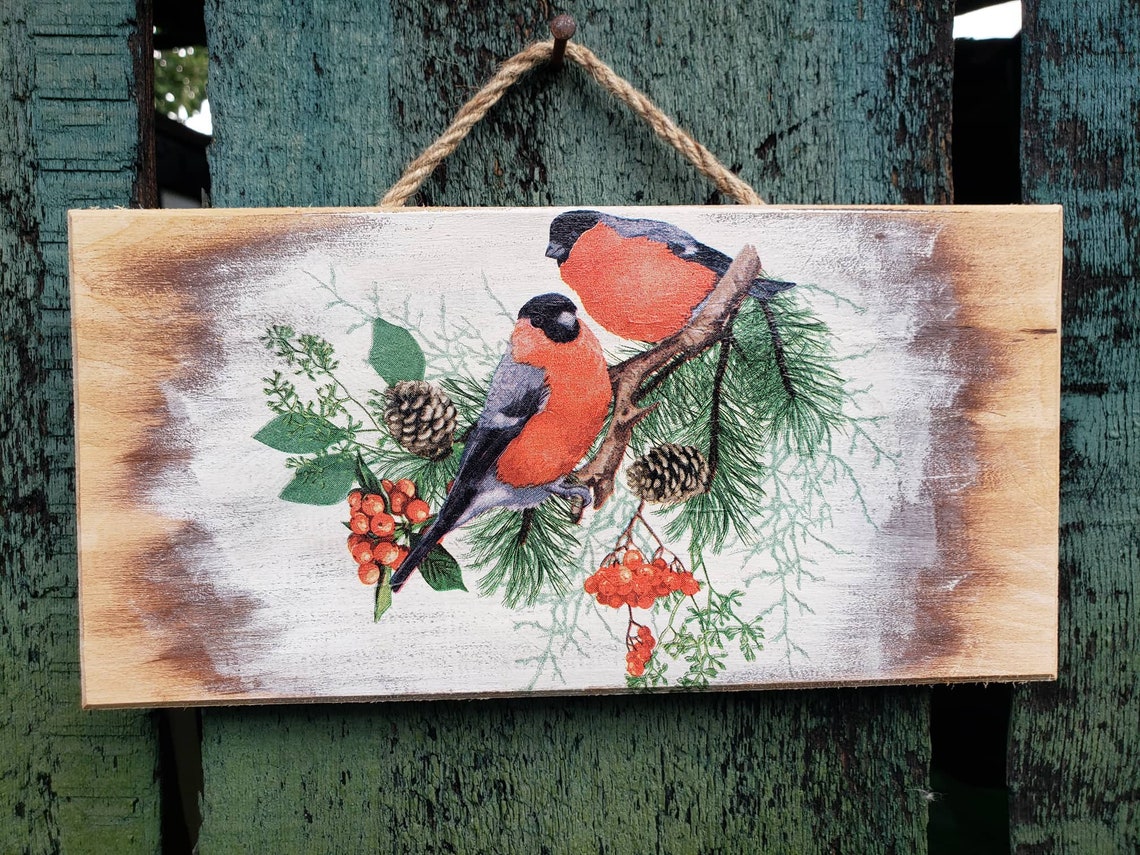 Wall Plank With Red Finches Kitchen Decor Wooden Plaque With - Etsy