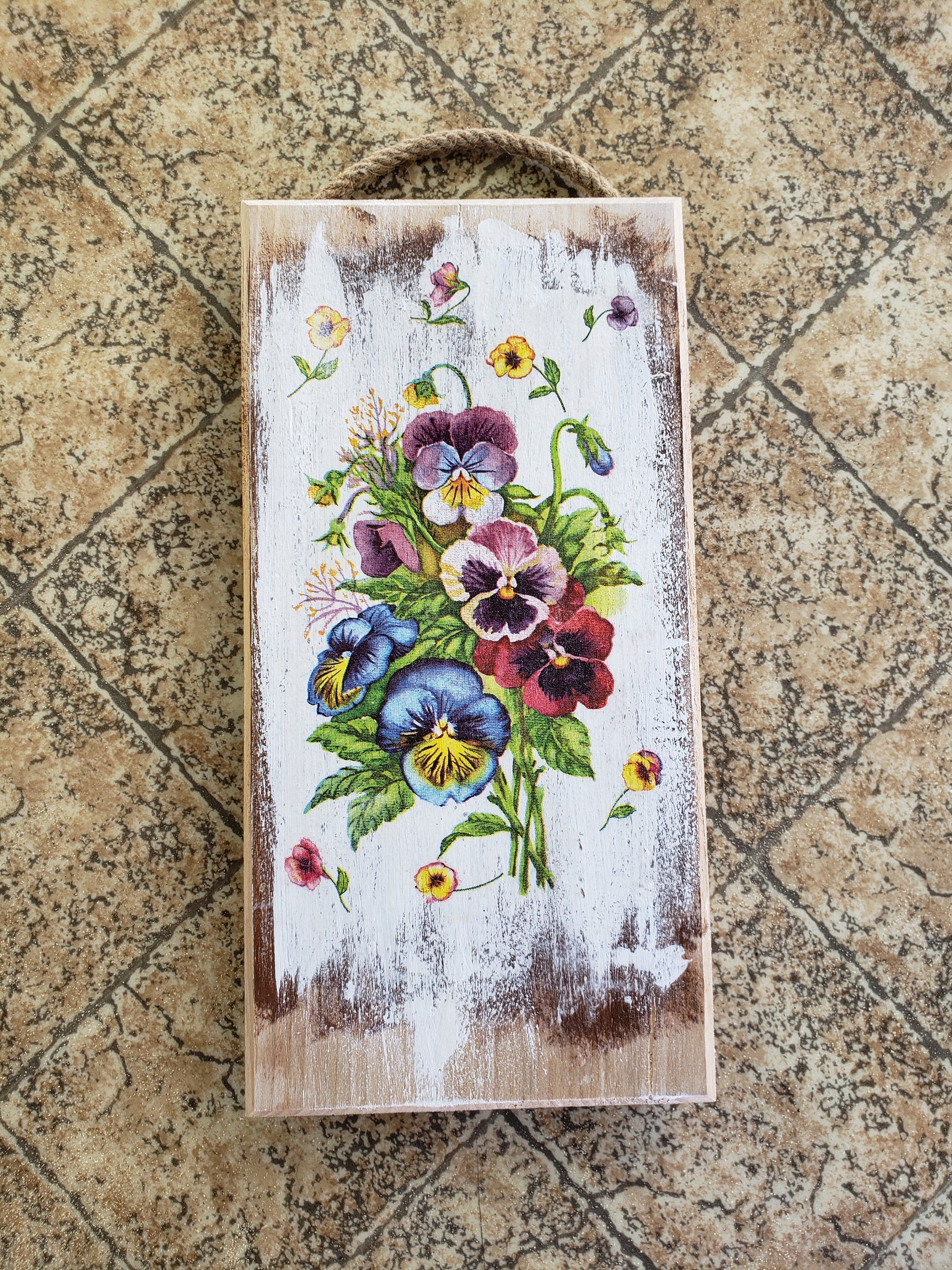 Pansies Wall Plank, Violet Flowers, Wood Plaque, Kitchen Art ...