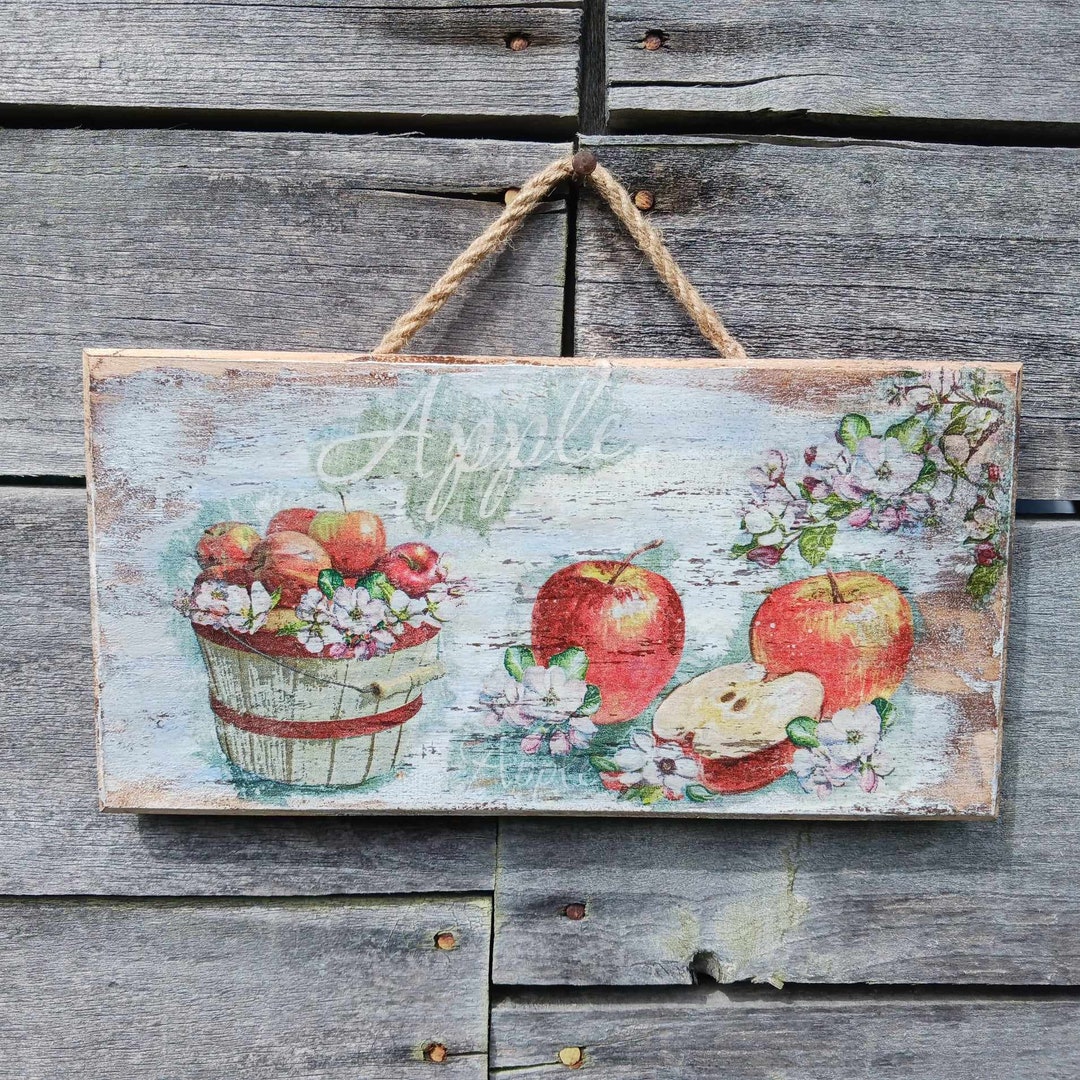 Woodland Farmhouse Décor, Rustic Red Apple Tree, Autumn Wall Wood Plank ...