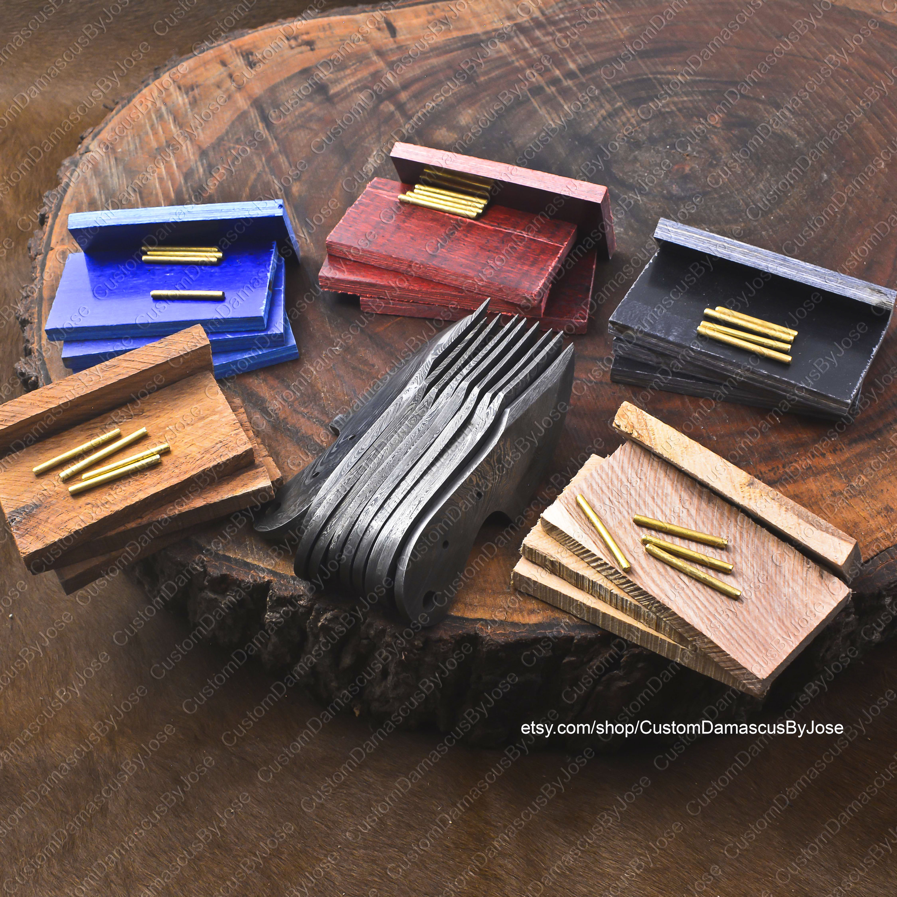 Set of 10 and 5 Damascus Blank Blades| Brass Pins & Wood Knife Scales ...