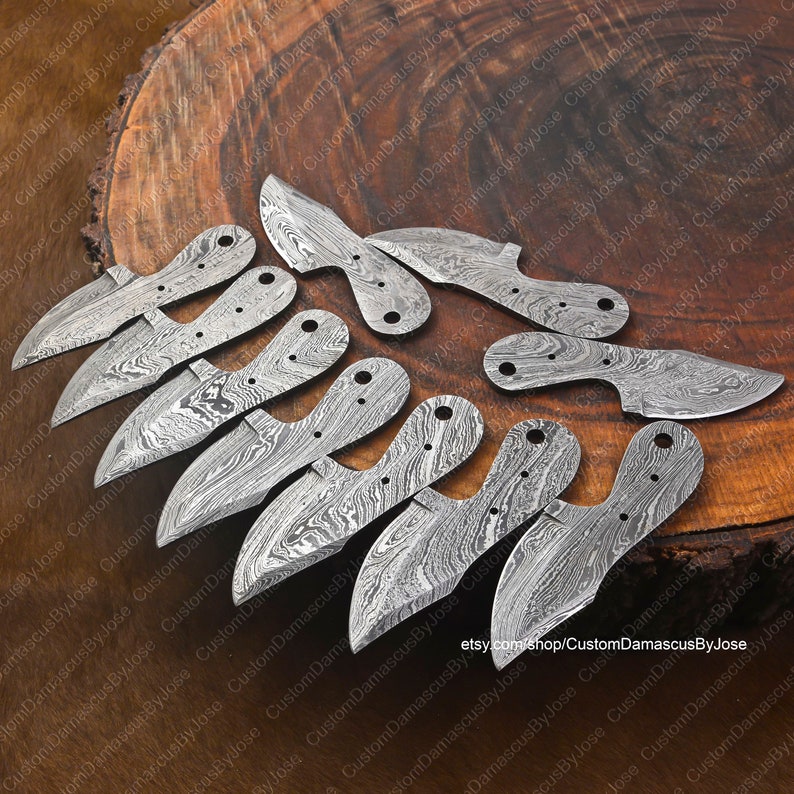 Set of 10 and 5 Damascus Blank Blades| Brass Pins & Wood Knife Scales ...