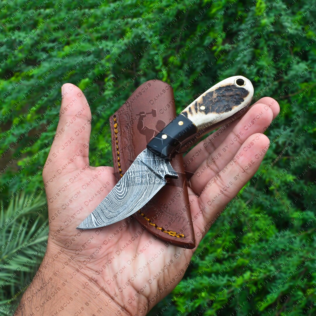 Hand Forged Damascus Skinning Neck Knife With With | Stag Horn Custom ...