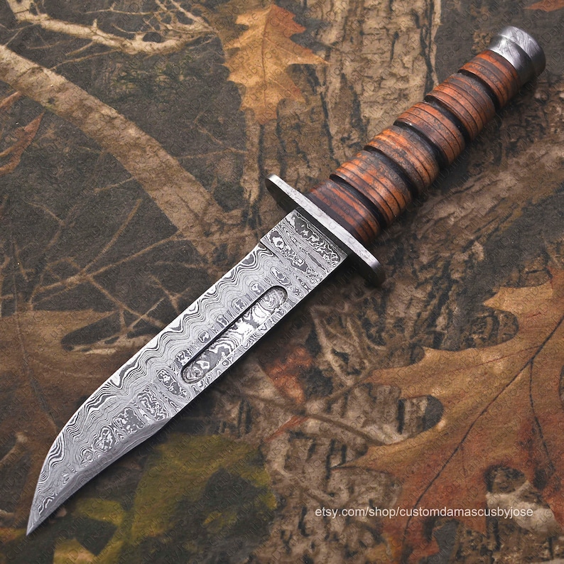 Handmade Damascus Kabar Bowie Knife With Leather Sheath | Hunting Knife ...