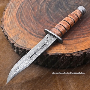 Handmade Damascus Kabar Bowie Knife With Leather Sheath | Hunting Knife ...
