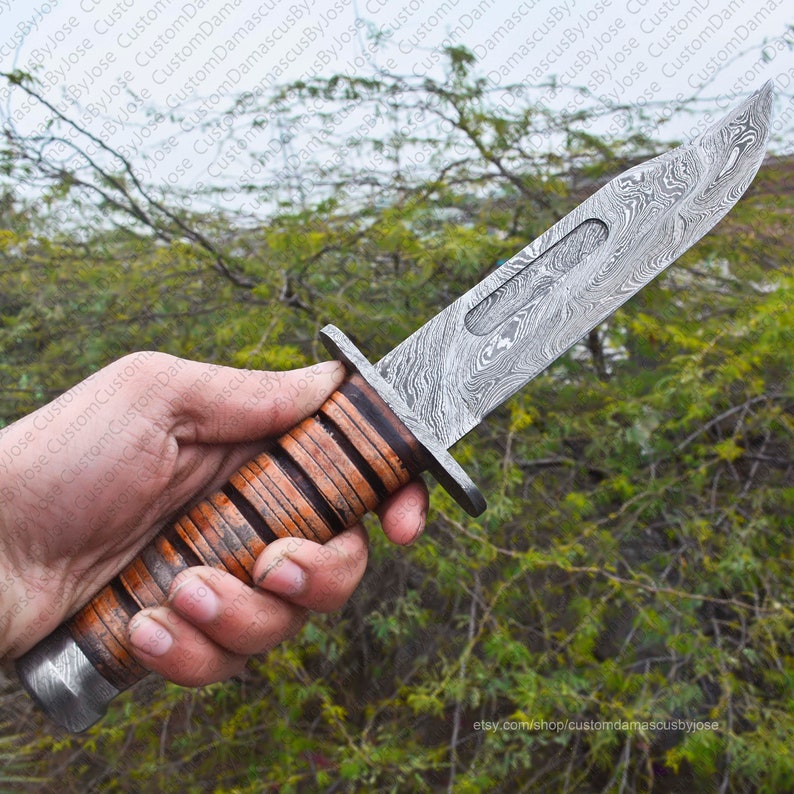 Damascus Kabar Knife With Sheath | Custom Handmade Damascus Bowie Knife ...