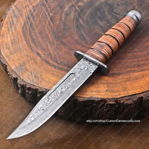 Handmade Damascus Kabar Bowie Knife With Leather Sheath | Hunting Knife ...
