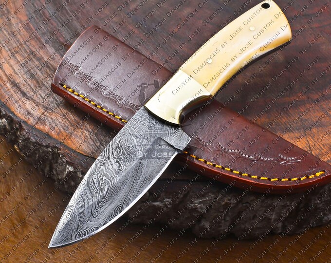 Hand Forged Damascus Bone Handle Skinner Knife With Leather Sheath ...