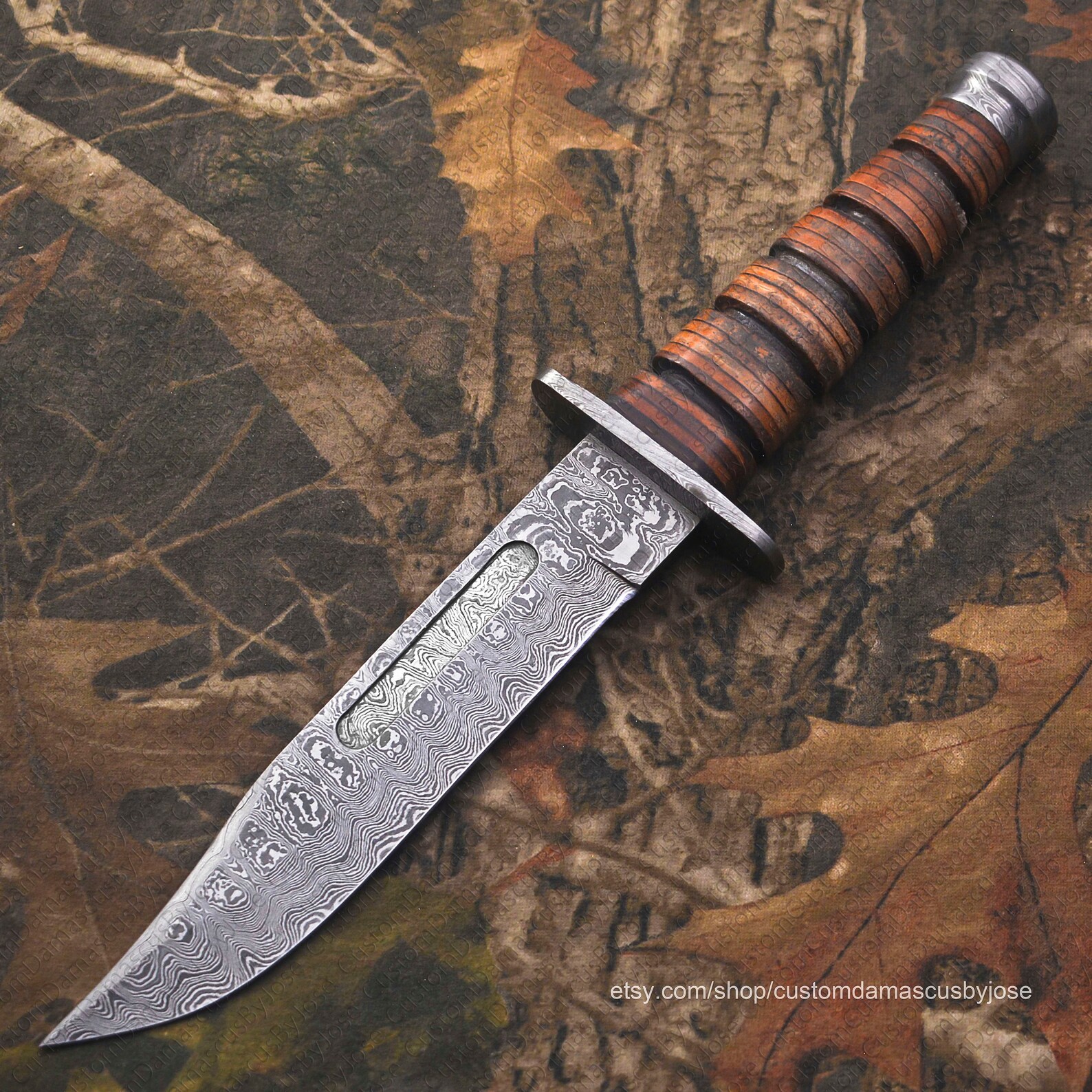 Handmade Damascus Kabar Bowie Knife With Leather Sheath | Hunting Knife ...