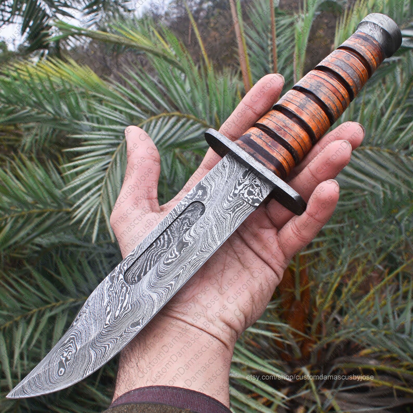 Damascus Kabar Knife With Sheath | Custom Handmade Damascus Bowie Knife ...