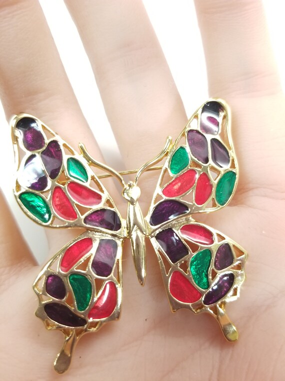 TRIFARI ENAMELED Stained Glass MOSAIC Butterfly Brooch - Gem