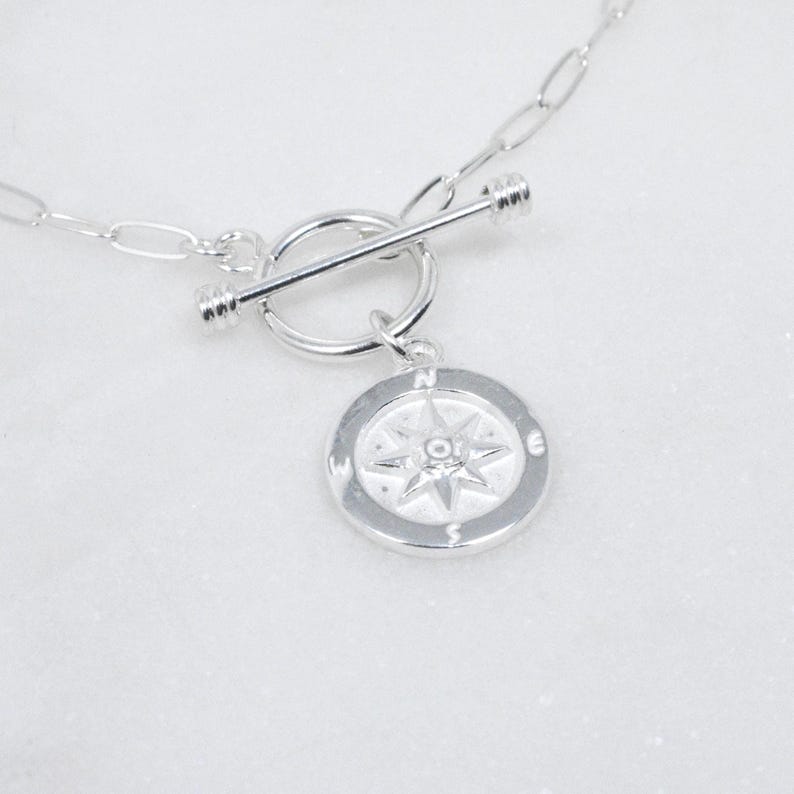Sterling Silver Compass Paperclip Necklace, Toggle Clasp Necklace, on ...