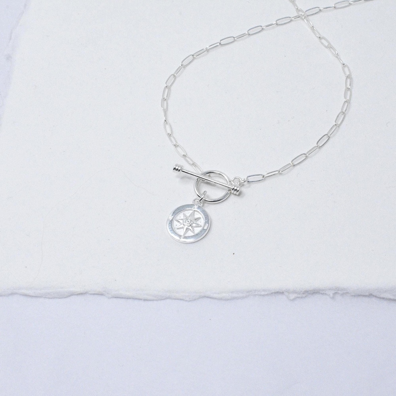 Sterling Silver Compass Paperclip Necklace, Toggle Clasp Necklace, on ...
