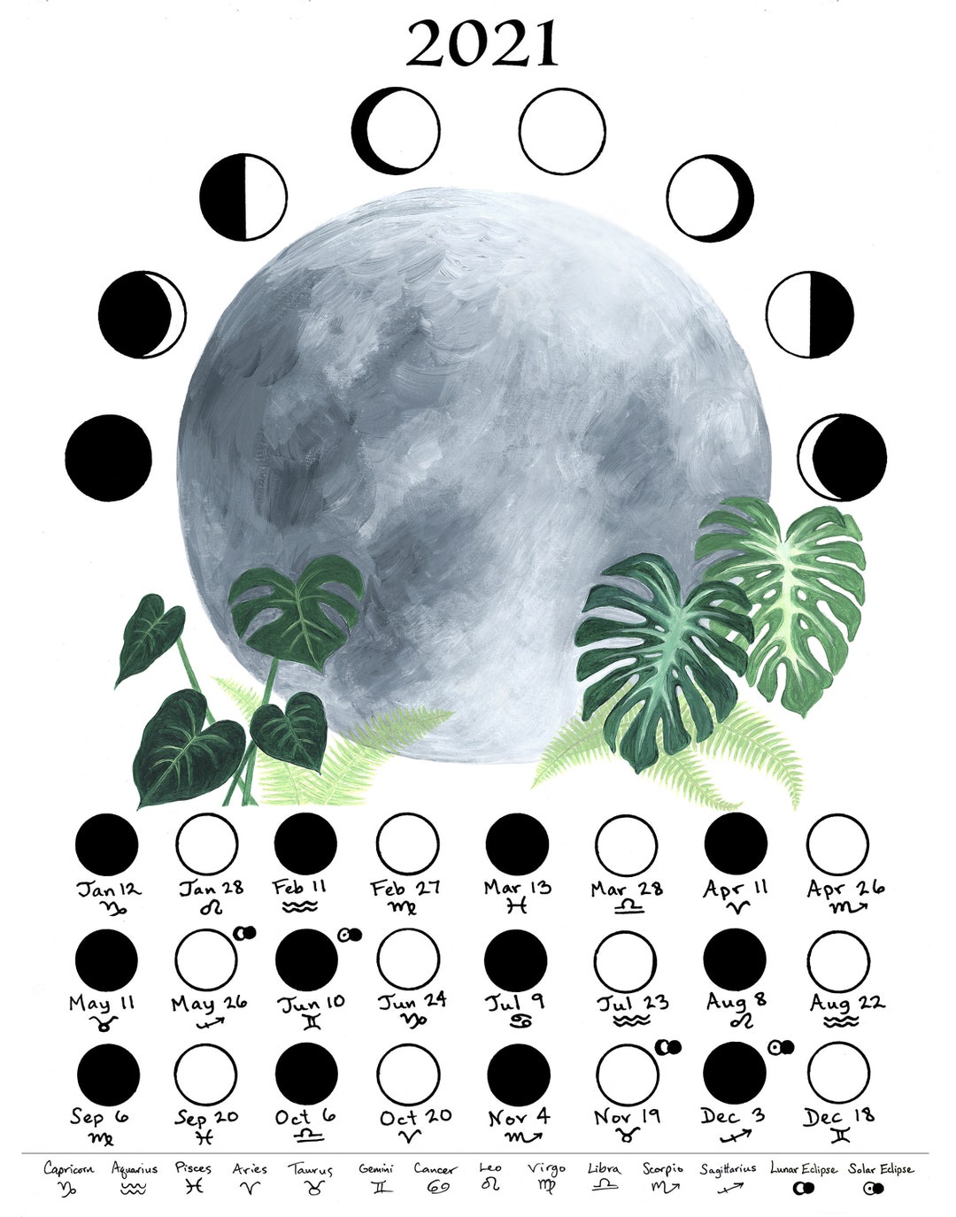 2021 LUNAR CALENDAR With Astrological Signs and Eclipses - Etsy