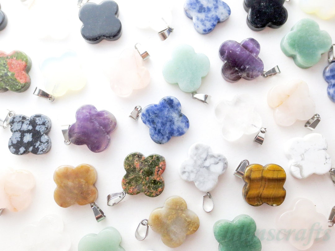 NEW' BUNDLES 20mm Natural Stone Clover Crystal Pendant Silver Charms ...