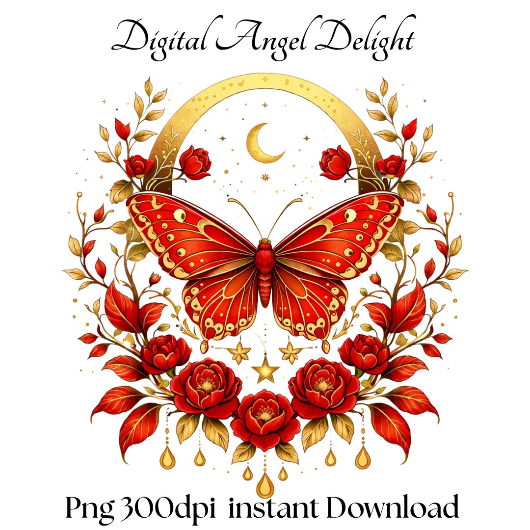 Red & Gold Butterfly PNG | Floral Celestial Butterfly Sublimation ...