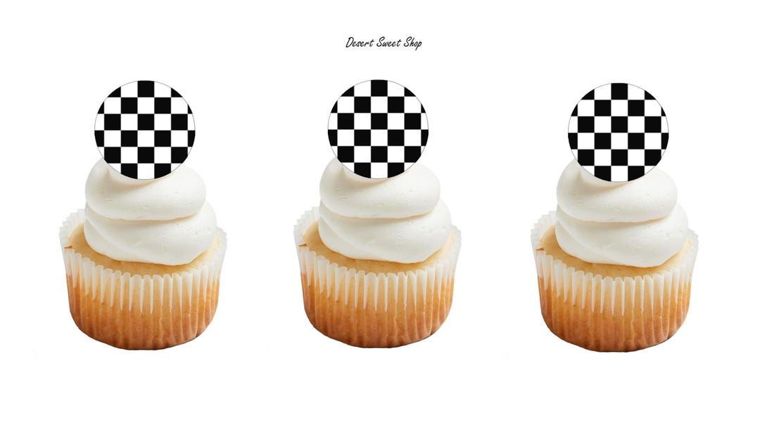 Edible CHECKERED CUPCAKE TOPPERS, Black & White Checkered Cupcake ...