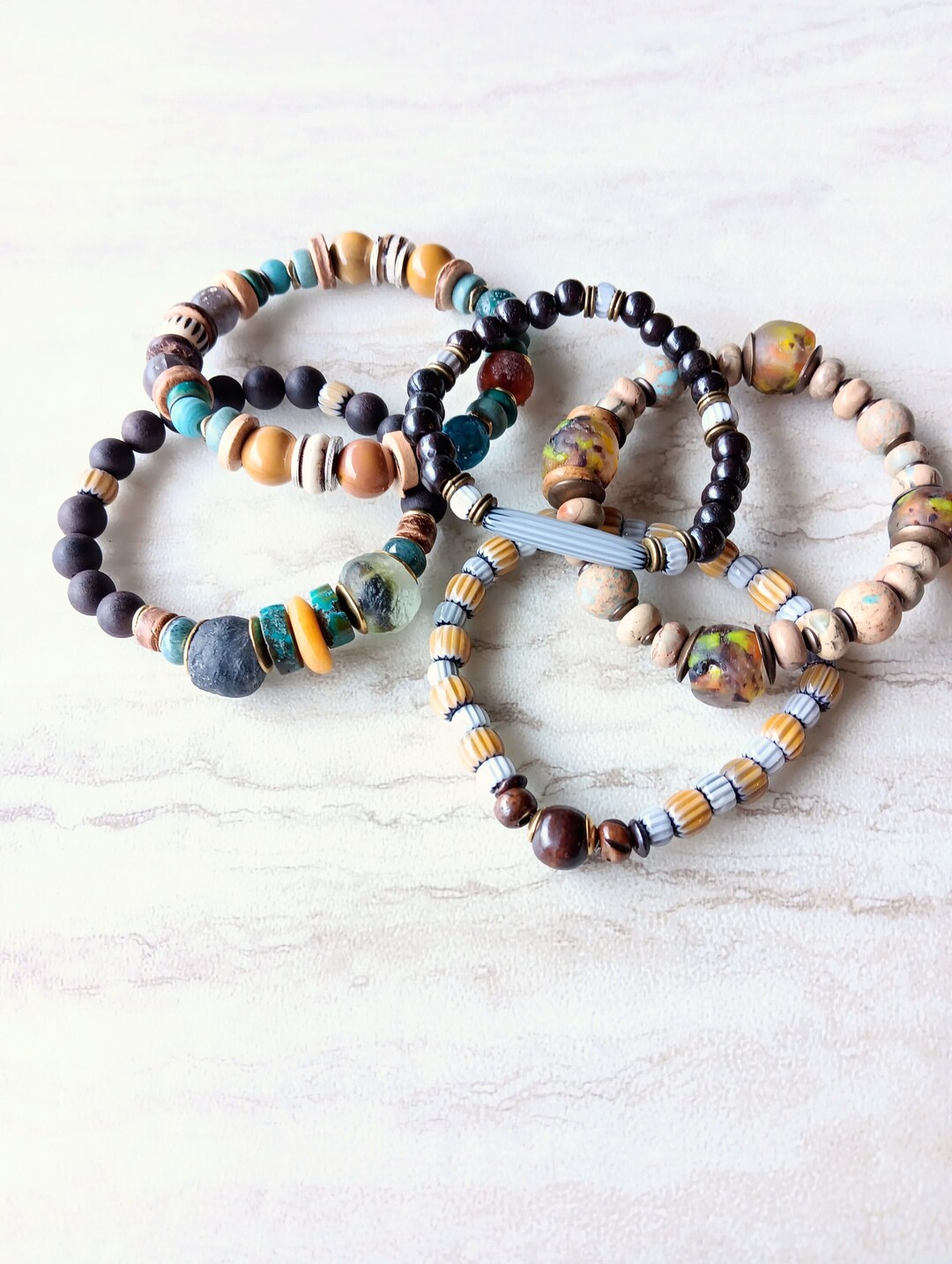 A Ski Slope in Aspen Stack Bracelets Bone Beads, Recycled Glass ...
