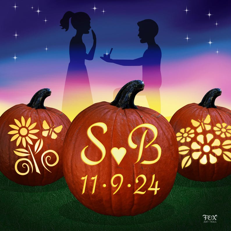 Custom Initials Pumpkin Carving Stencil: Romantic Floral Template (PDF ...