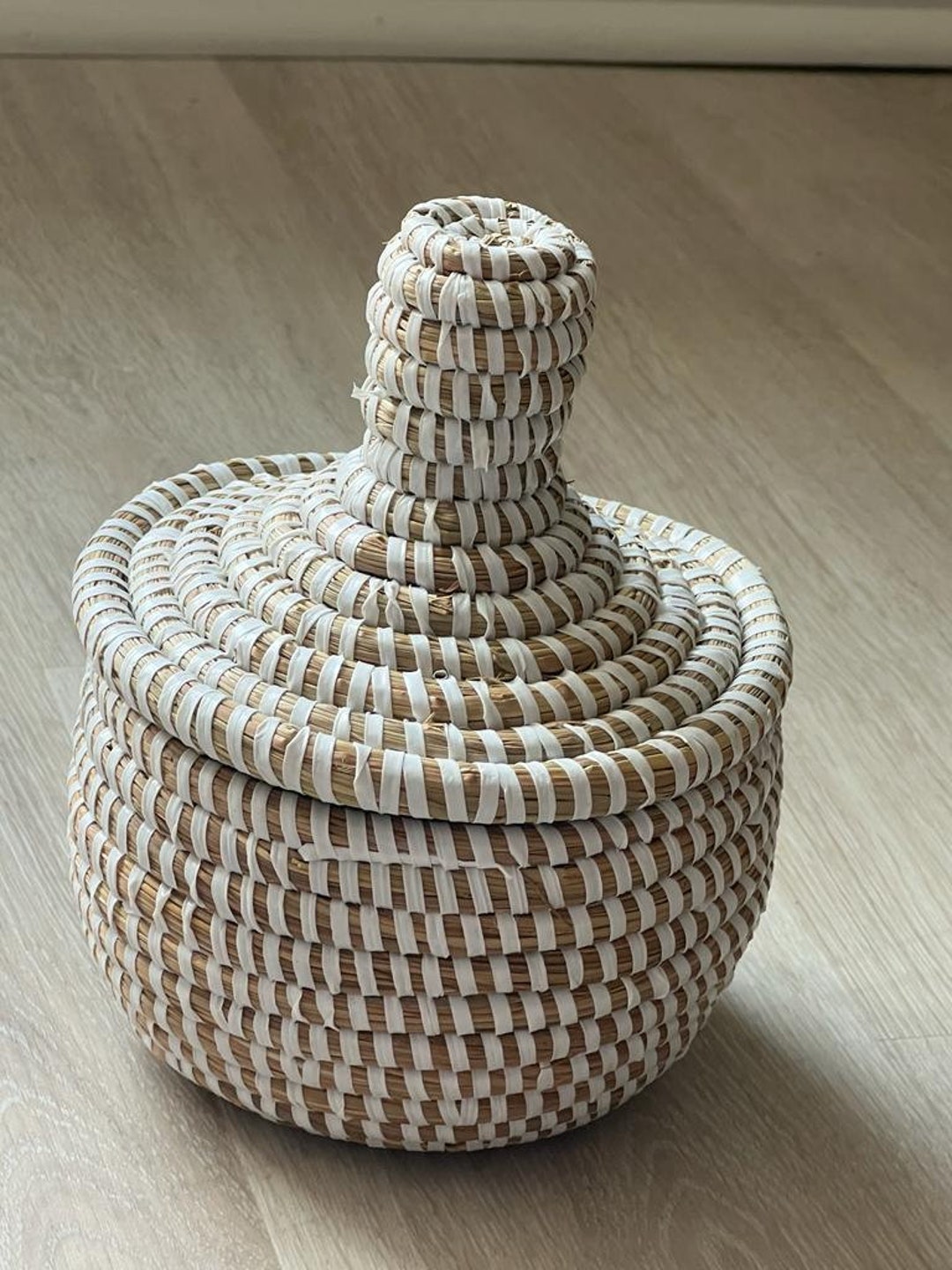 White Small Woven With Lid Senegalese Basket - Etsy