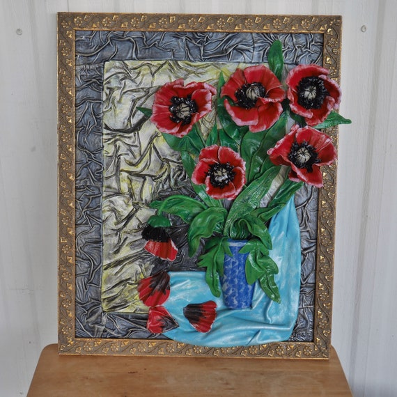 Red Poppies Blue Vase Leather Art Leather Craft Leather | Etsy