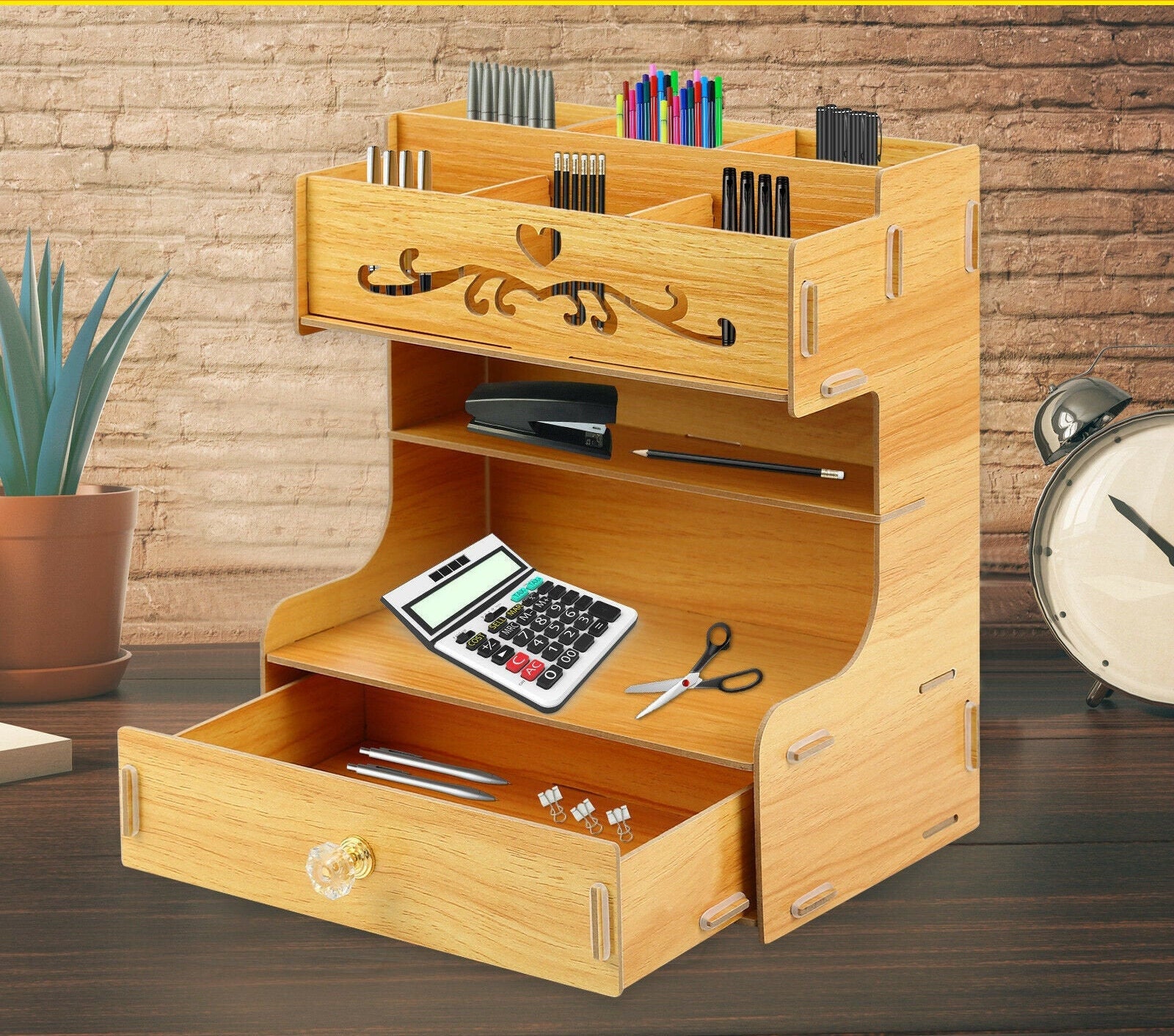 Wooden Office Stationery Storage Desk Organizer with Large | Etsy