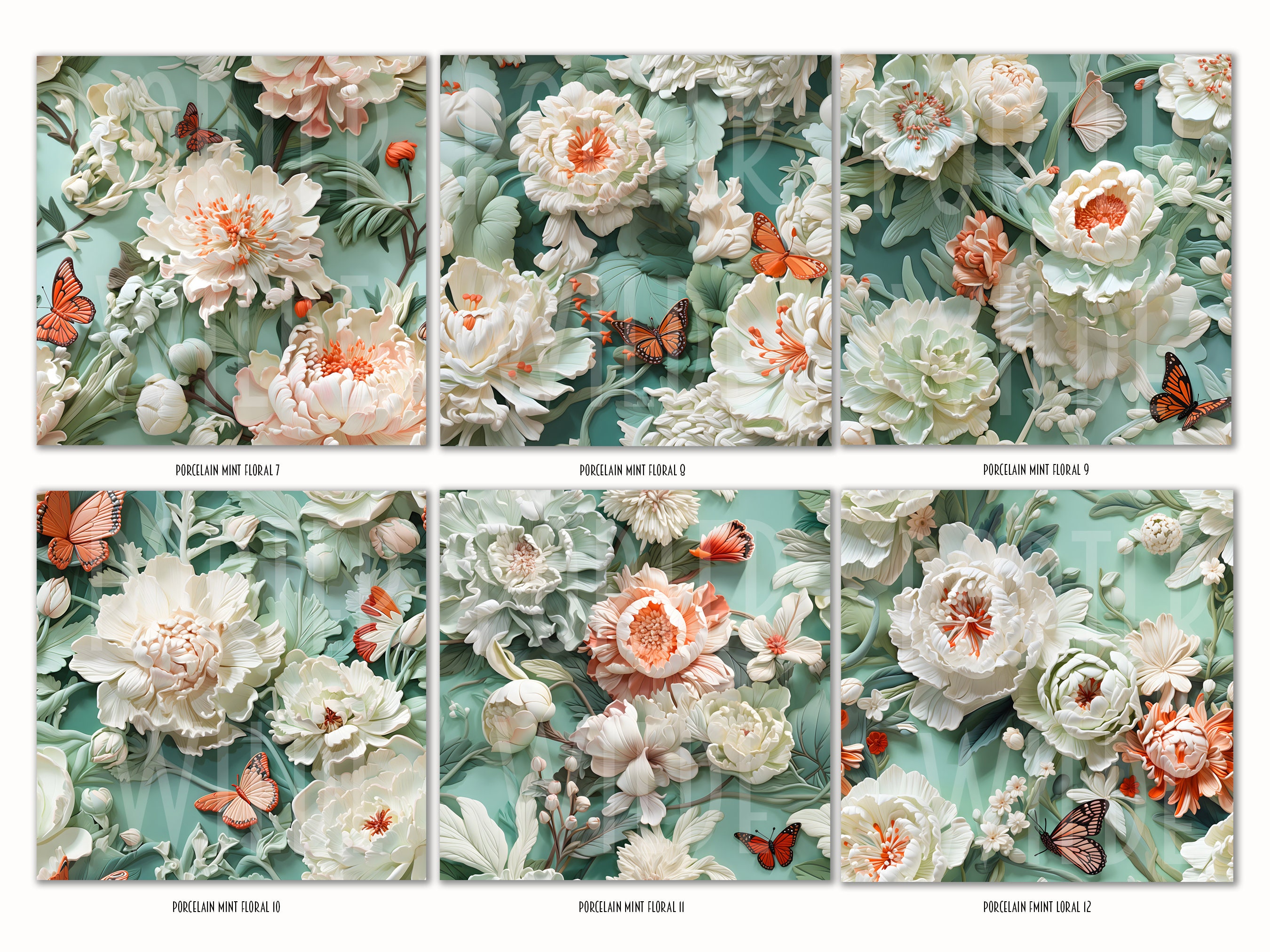 Porcelain Mint Floral Digital Paper, Seamless Scrapbook Paper, Mint ...