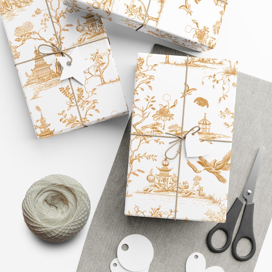 White and Gold Chinoiserie Wrapping Paper, Gold Christmas Wrapping ...