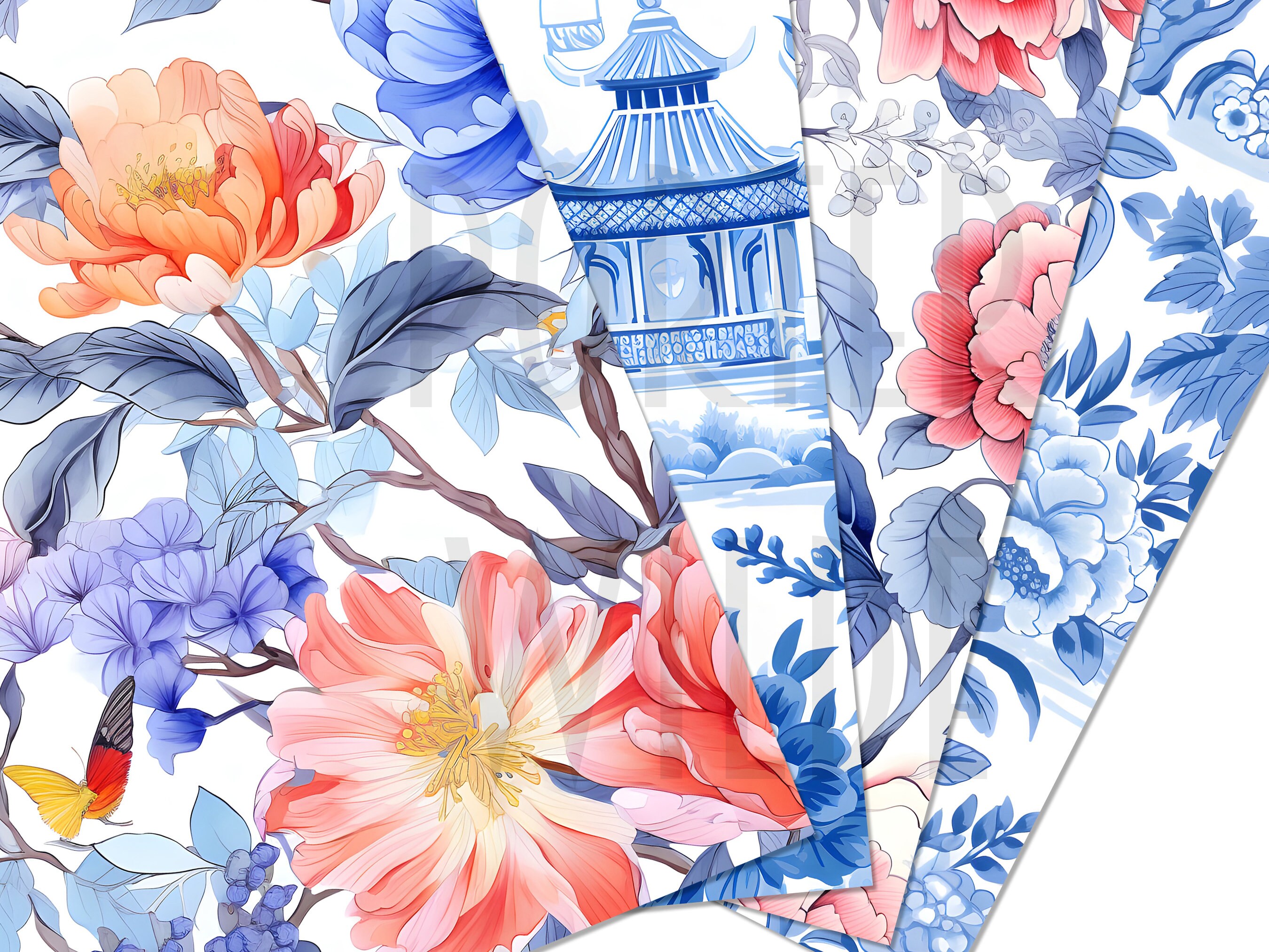 Blue and White Chinoiserie Watercolor, Digital Paper, Chinoiserie ...
