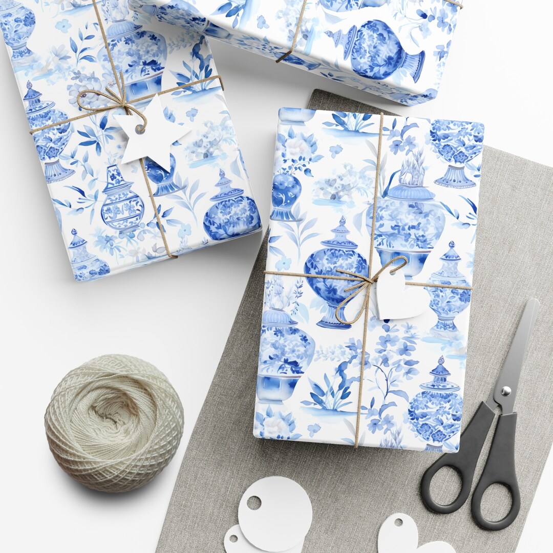 Blue Chinoiserie Vase Wrapping Paper, Gold Christmas Wrapping Paper ...