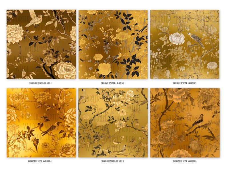 Silver and Gold Metallic Chinoiserie Digital Paper, Seamless Scrapbook ...