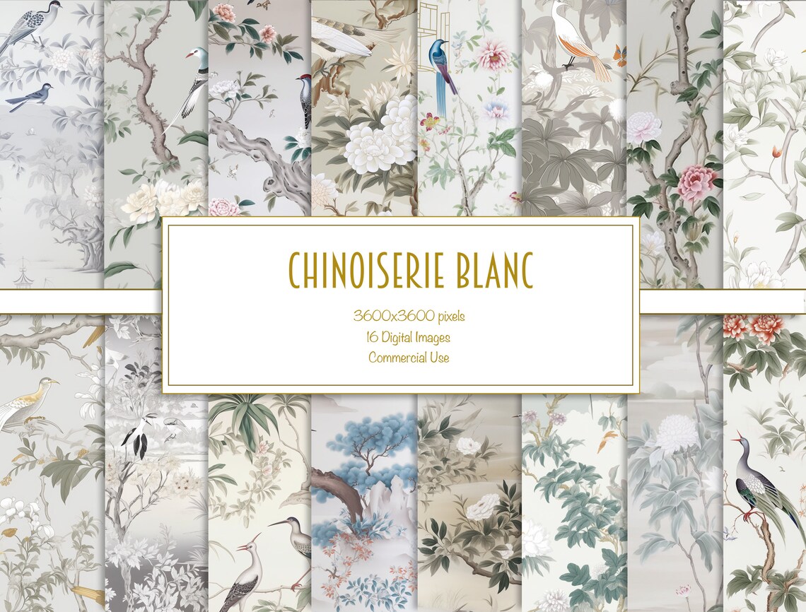 White Chinoiserie Digital Paper, Seamless Scrapbook Paper, Wedding ...