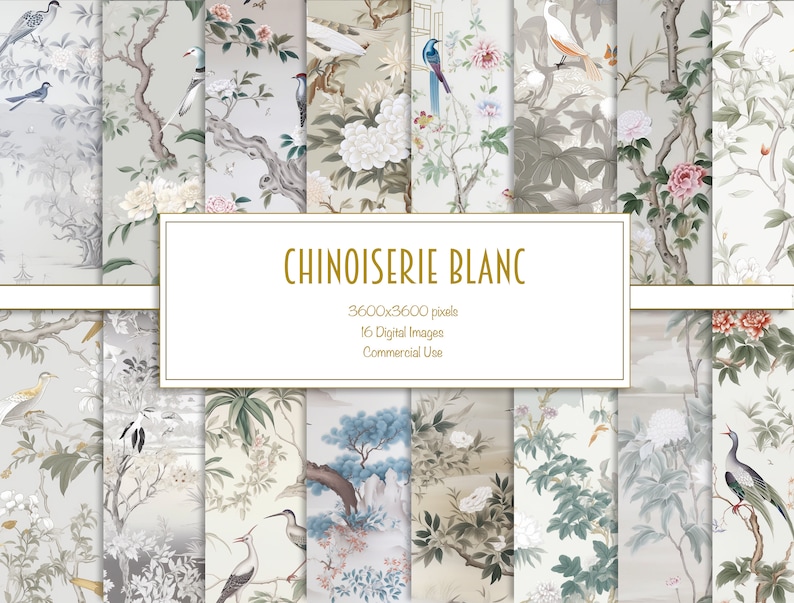 White Chinoiserie Digital Paper, Seamless Scrapbook Paper, Wedding ...