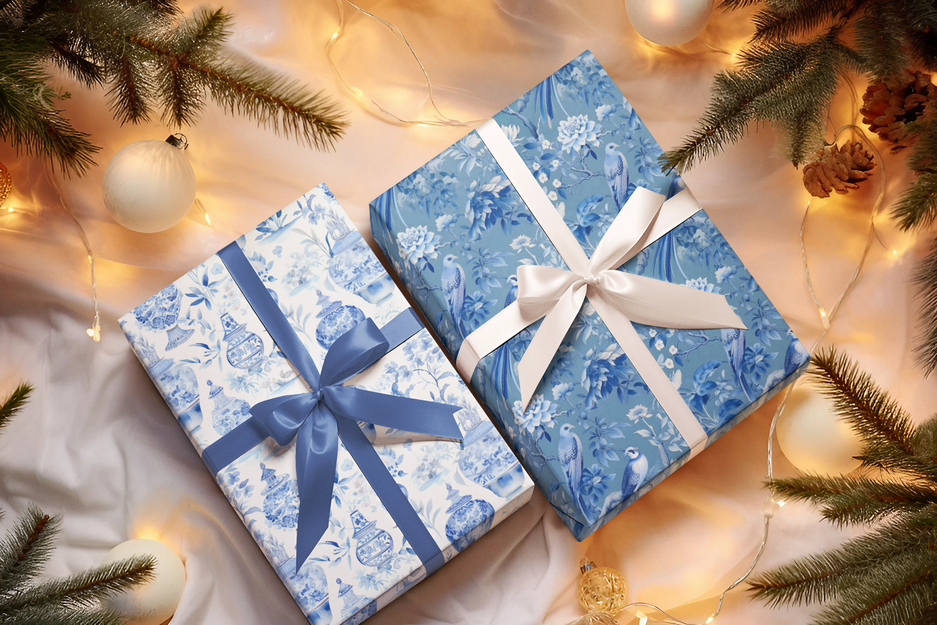 Blue Chinoiserie Vase Wrapping Paper, Gold Christmas Wrapping Paper ...