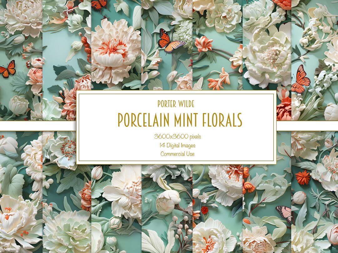 Porcelain Mint Floral Digital Paper, Seamless Scrapbook Paper, Mint ...