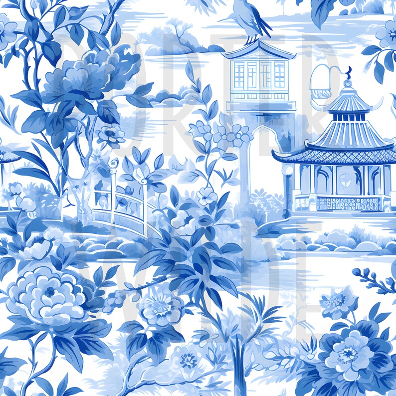Blue and White Chinoiserie Watercolor, Digital Paper, Chinoiserie ...