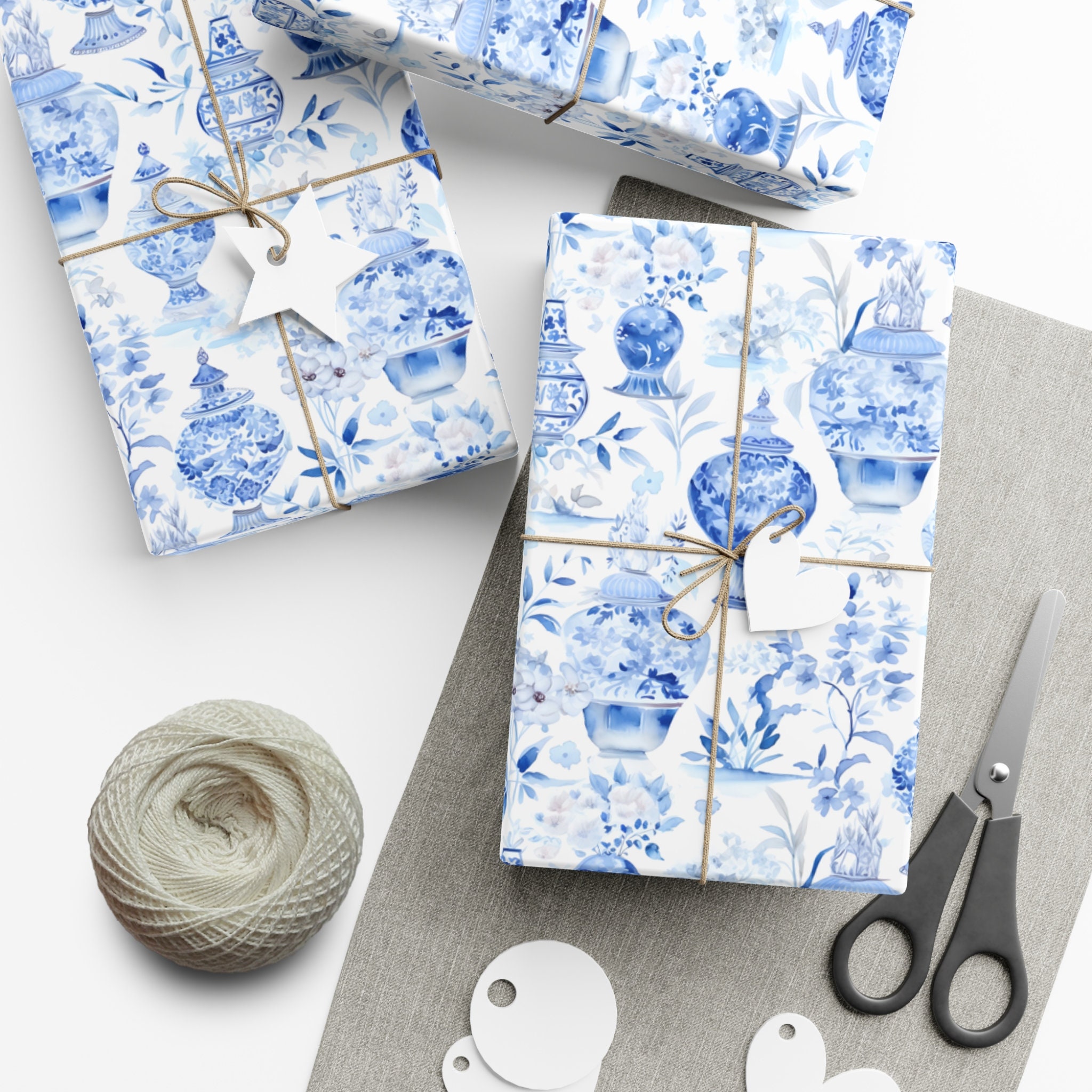 Blue Chinoiserie Vase Wrapping Paper, Gold Christmas Wrapping Paper ...