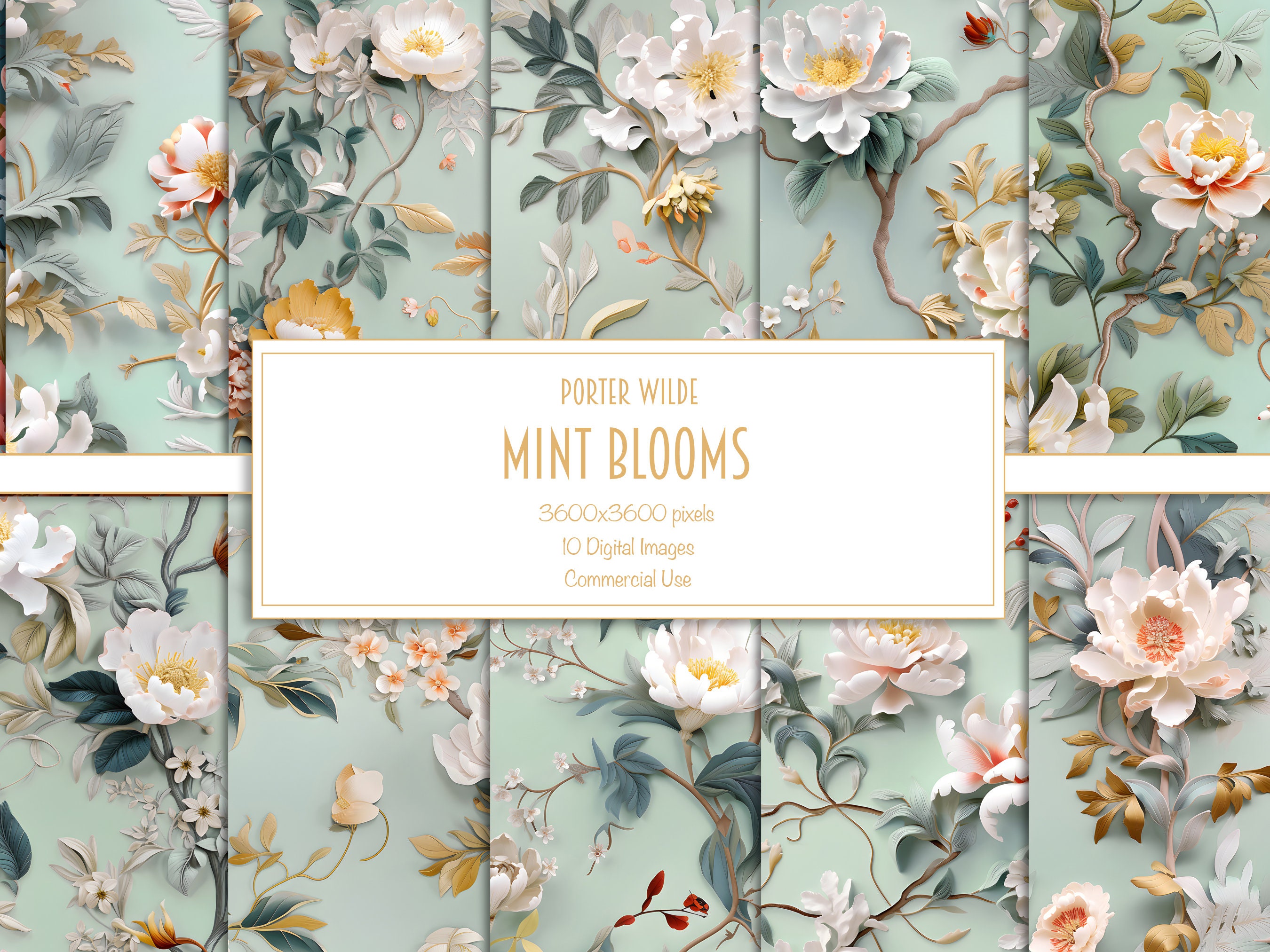 Mint Blooms Chinoiserie Digital Paper, Seamless Scrapbook Paper, Pastel White, Floral - Etsy