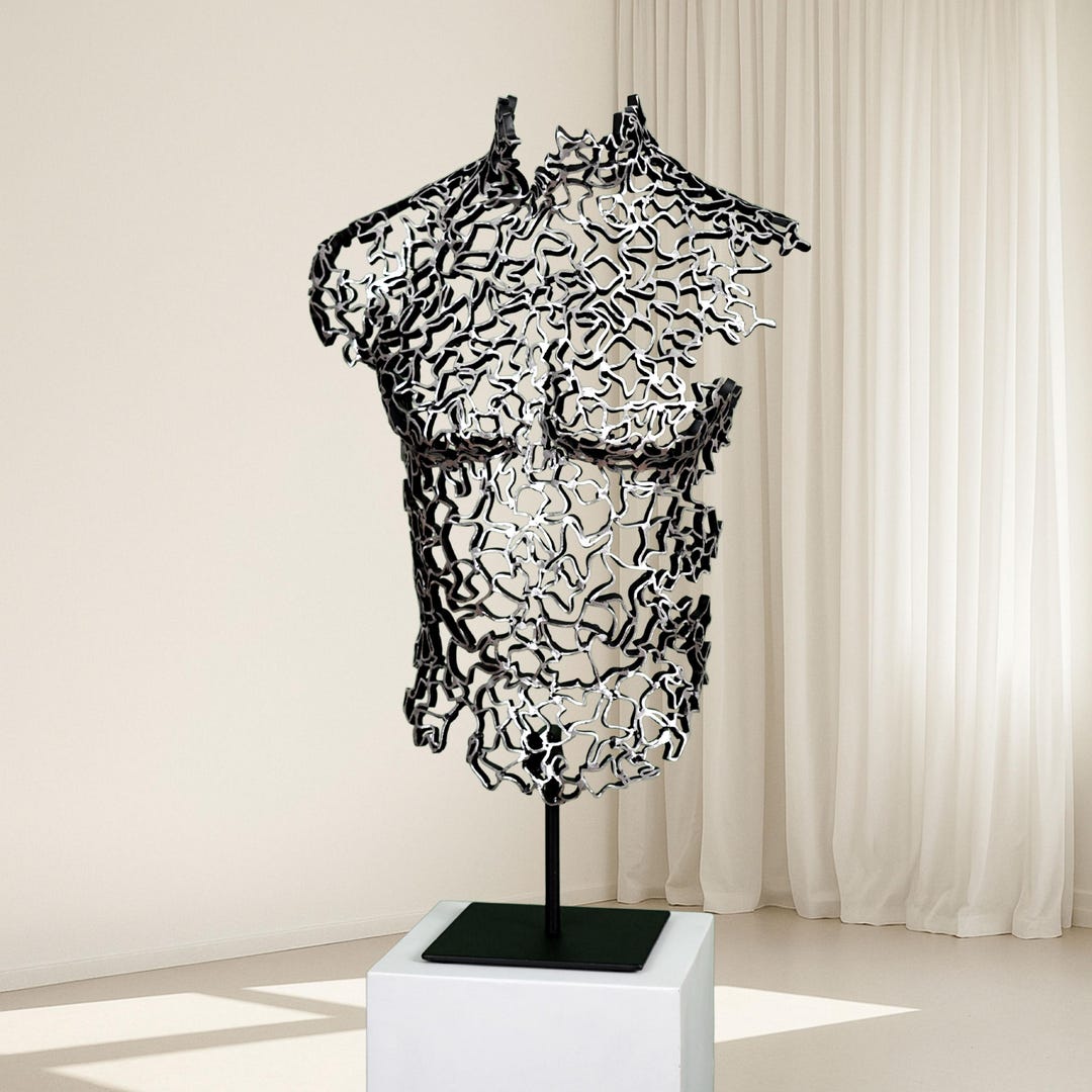 Large Male Torso Sculpture – Freestanding Lace Metal Statue on Pedestal ...