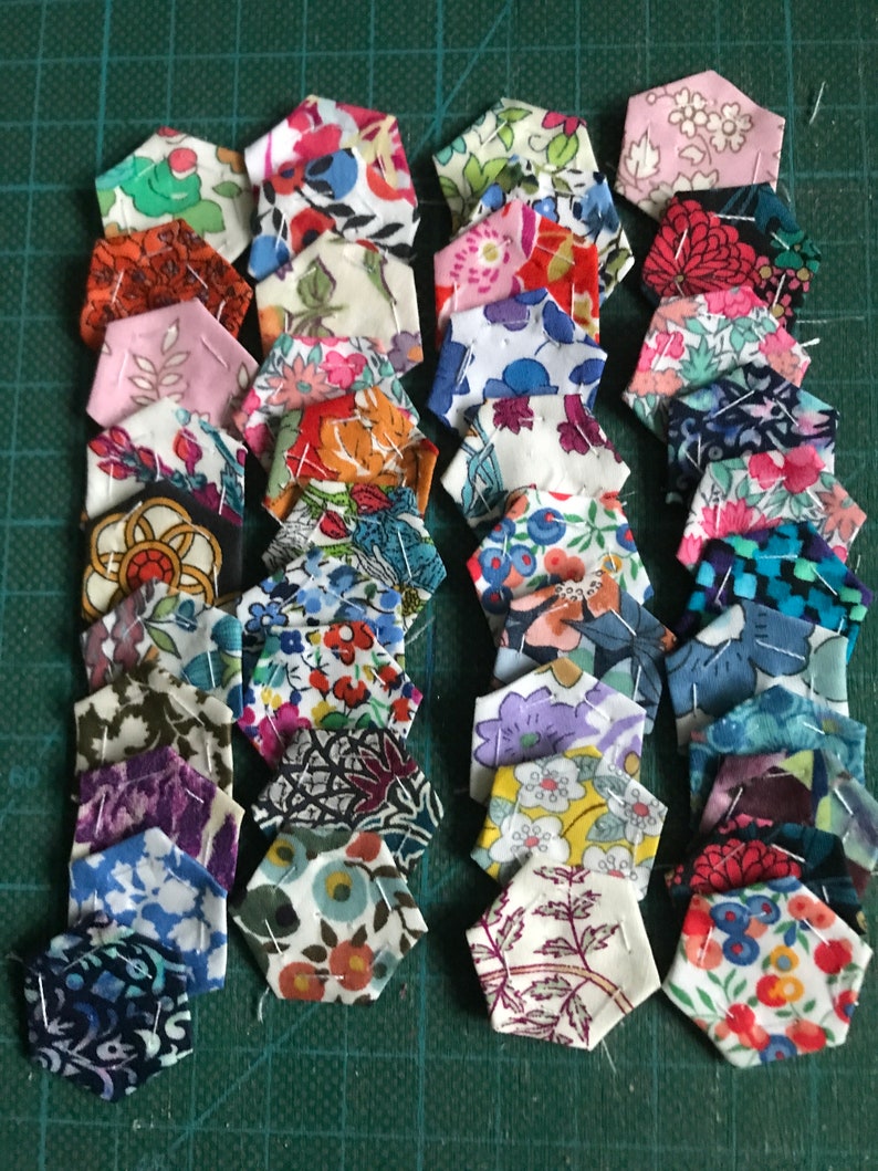 Hexagons Half Inch Sides 40 Patchwork EPP Liberty Tana Lawn Fabric Tacked to Papers Card ...