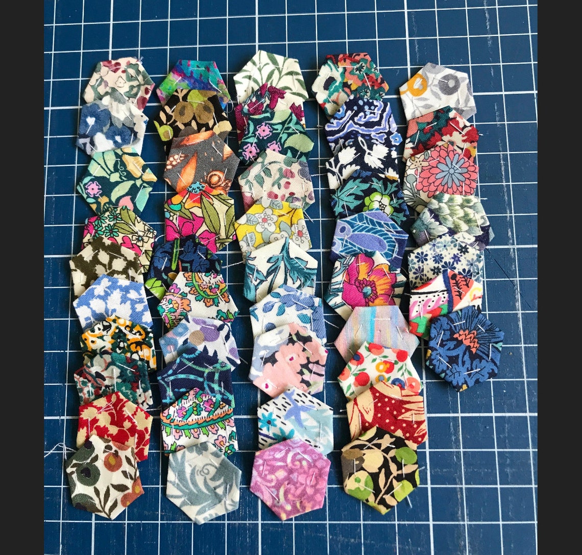 Hexagons Half Inch Sides 40 Patchwork EPP Liberty Tana Lawn Fabric Tacked to Papers Card ...