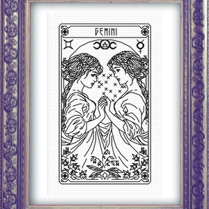 GEMINI Zodiac Tarot Modern Cross Stitch Pattern Blackwork Embroidery ...