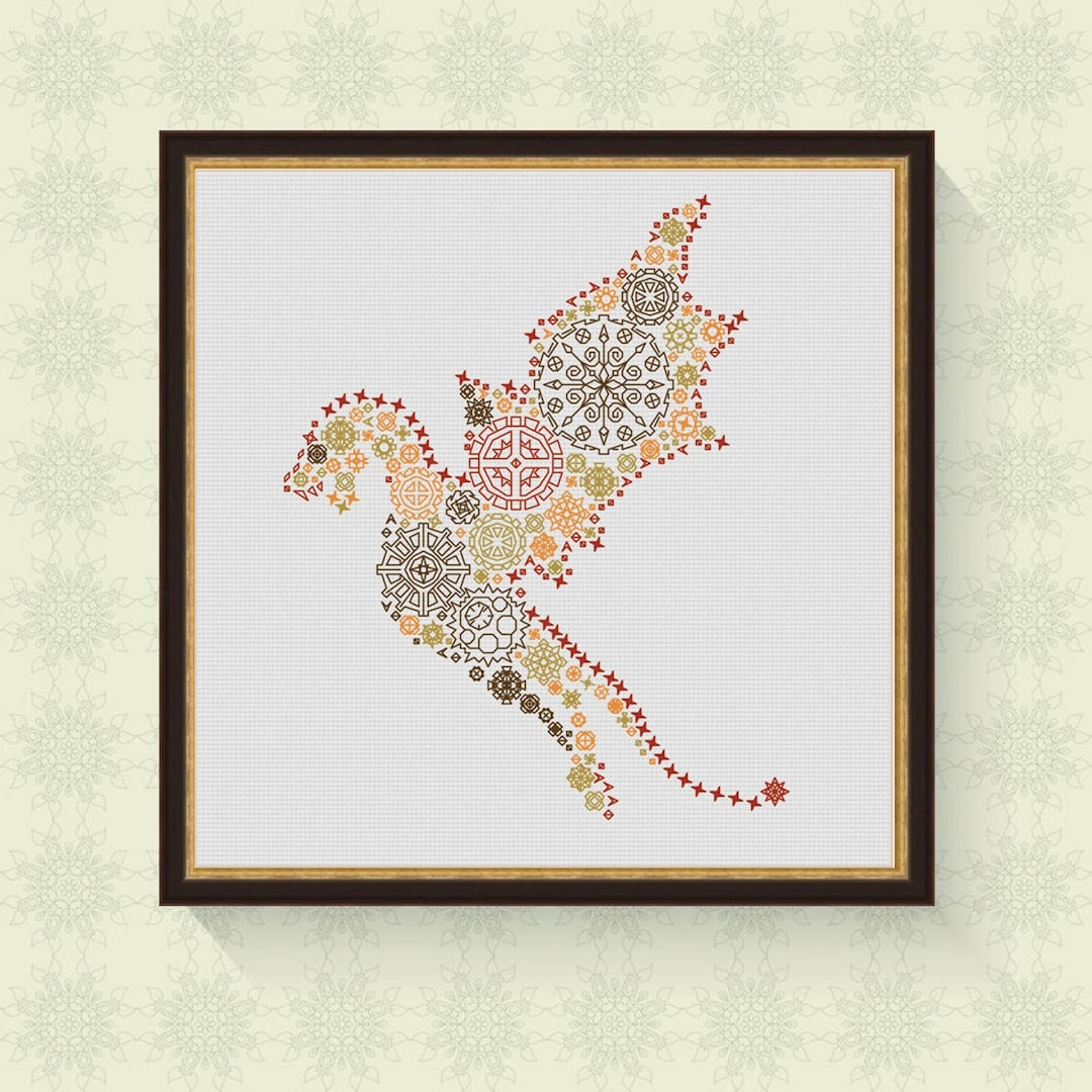Steampunk Dragon From Gears and Cogs - Modern Blackwork Cross Stitch ...