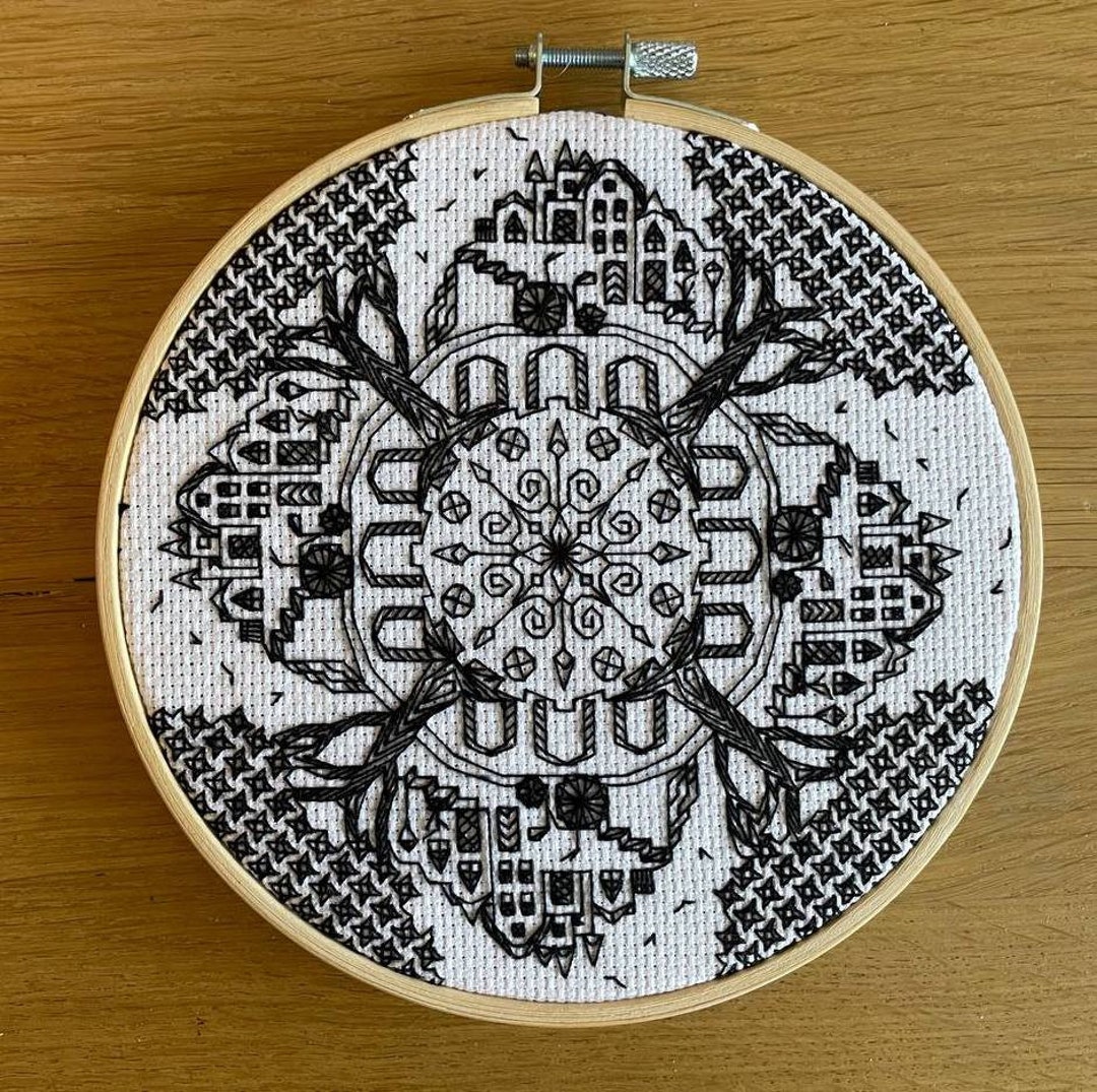 Steampunk City Mandala With Gears and Cogs - Modern Blackwork Cross ...