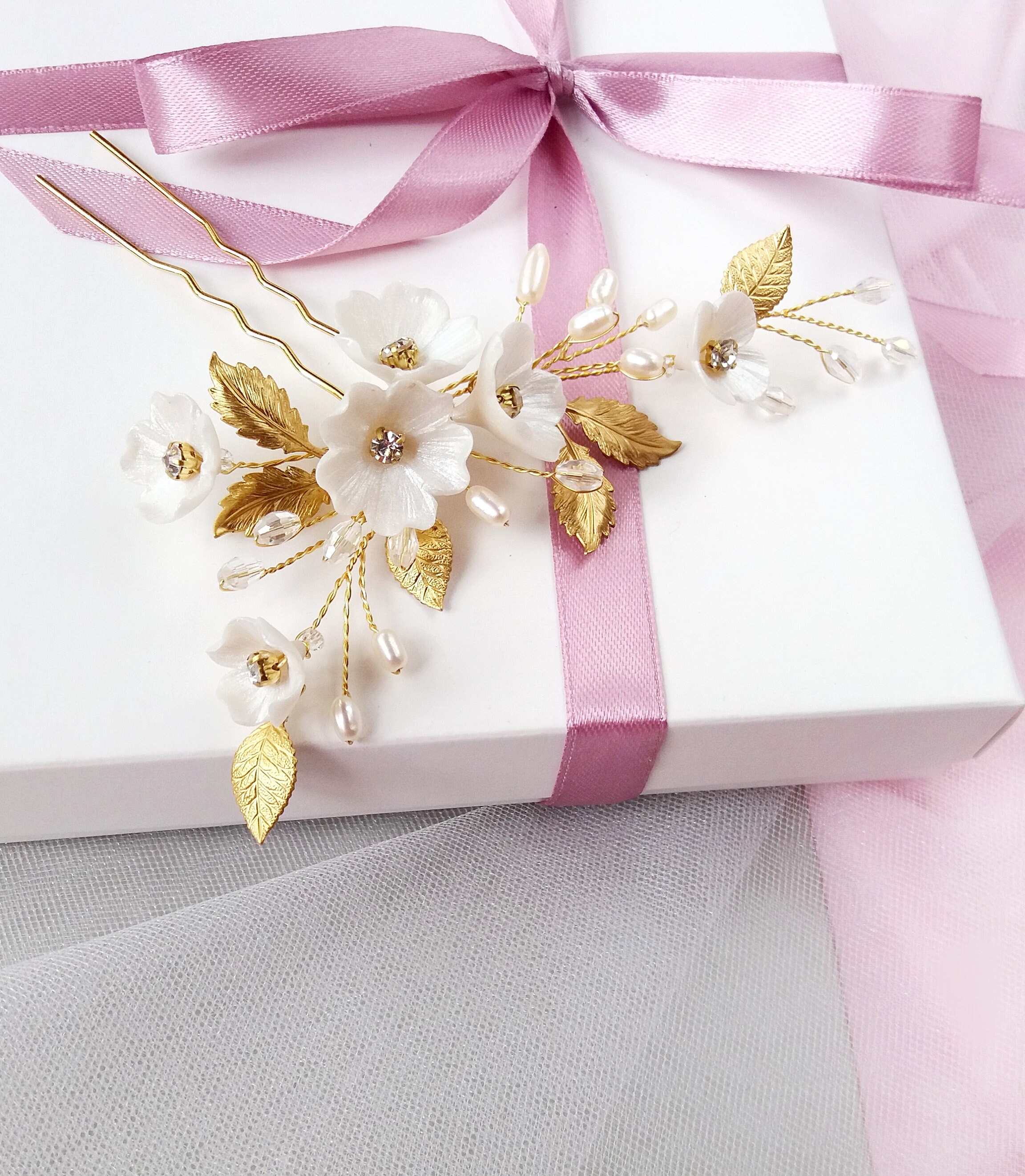 Wedding hair pin with gold leaf white flowers and crystals | Etsy