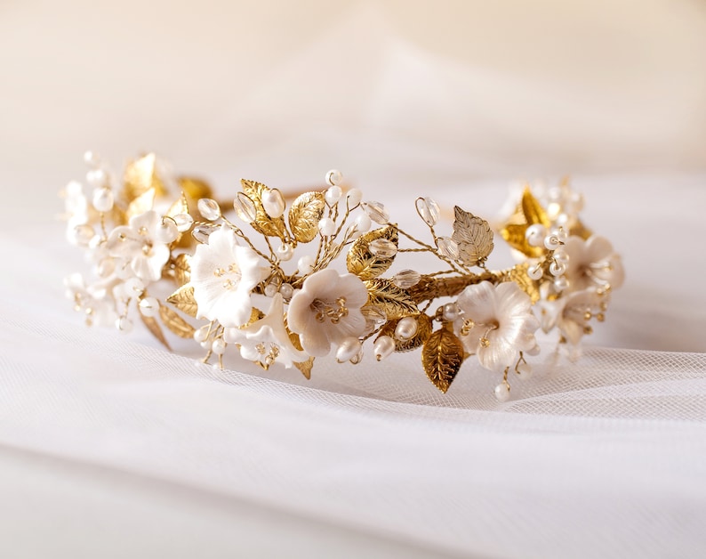 Bridal Gold Tiara With Pearls & Crystals Wedding Flower Hair - Etsy